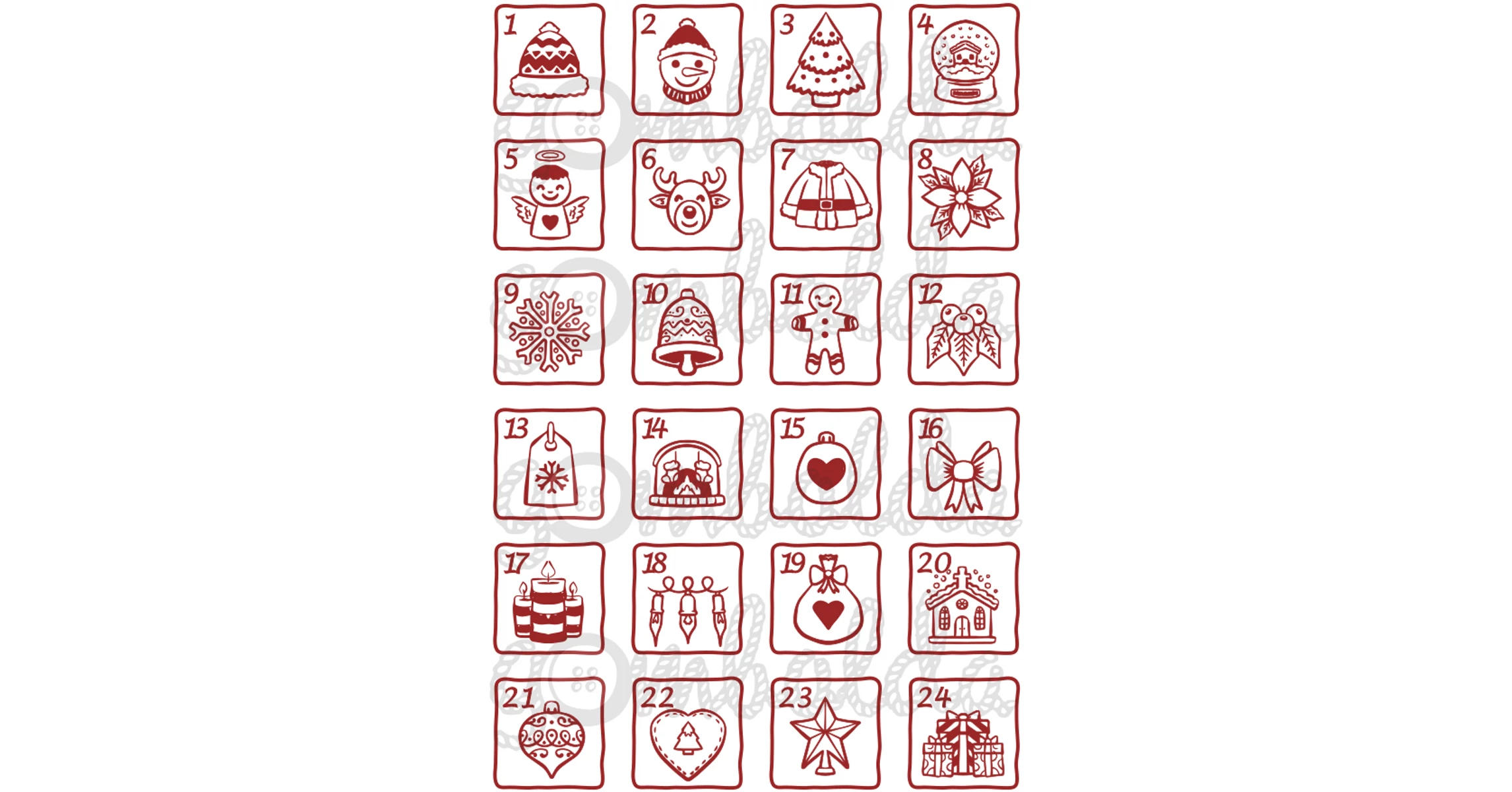 Mintás barkácsfilc - adventi számok rajzolt figurákkal - sötétpiros ...